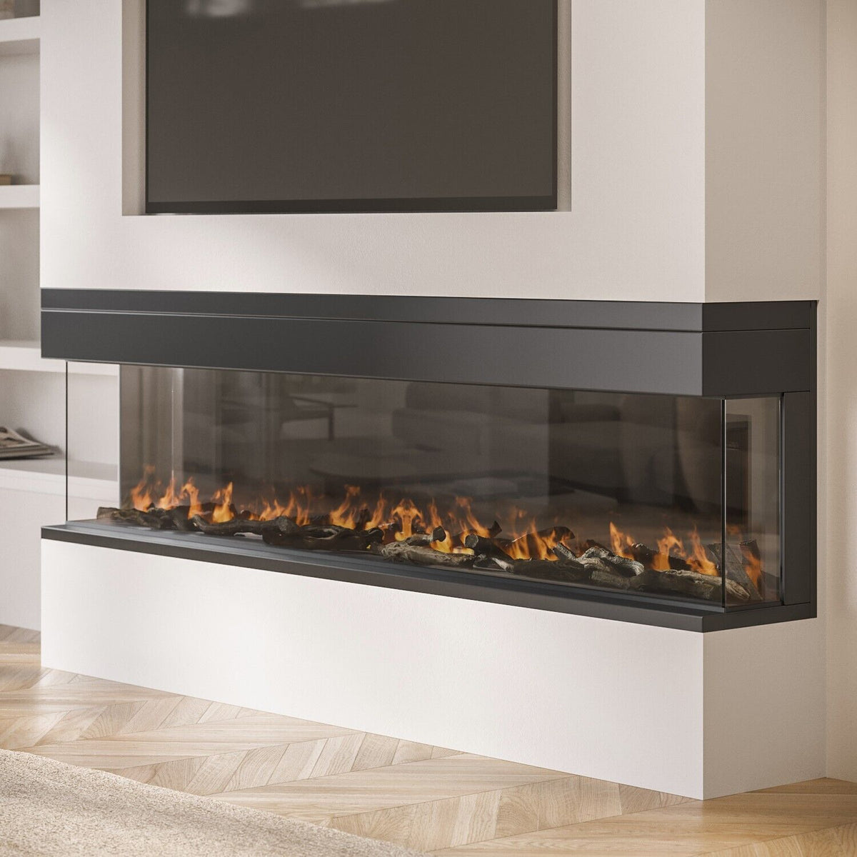 Black 70 Inch Inset Media Wall Electric Fireplace with Glass Configura ...
