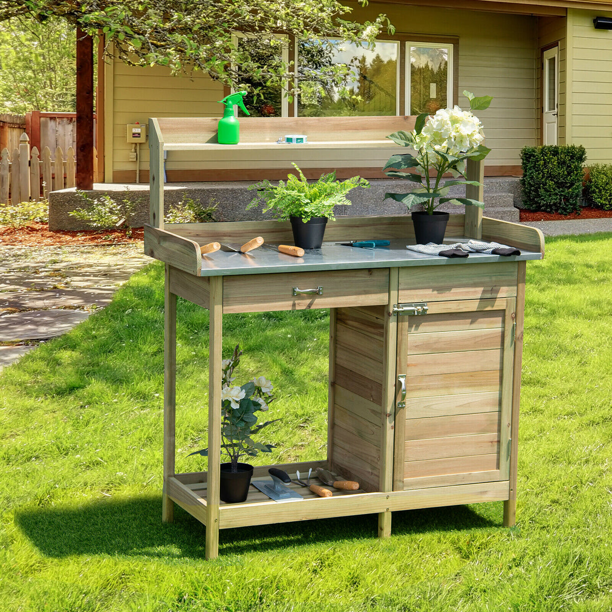 Outdoor Potting Bench Flower Plant Workstation Wooden Garden Table W ...