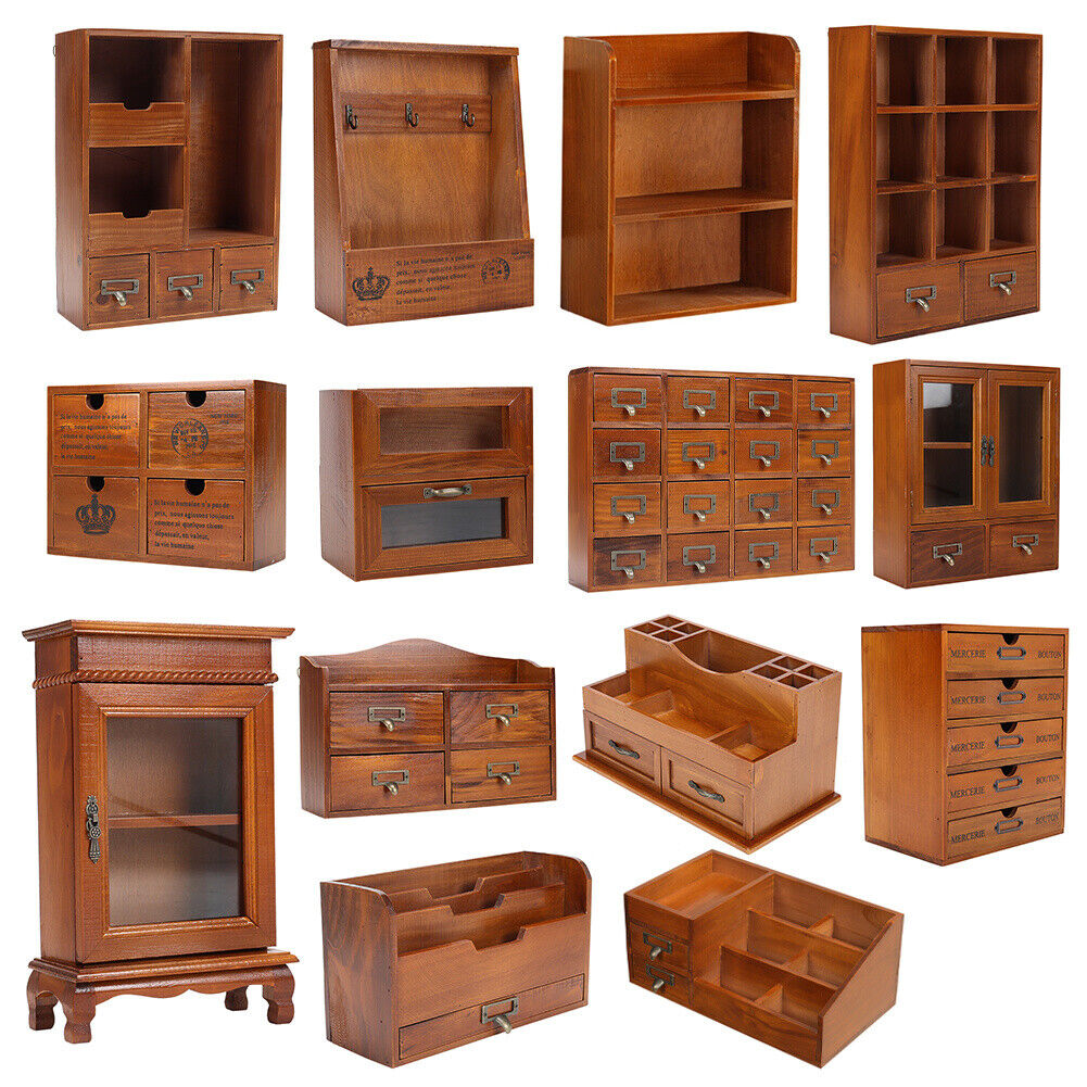 Retro Wall/Desktop Wooden Drawers Storage Cabinet Organiser Cosmetic J ...