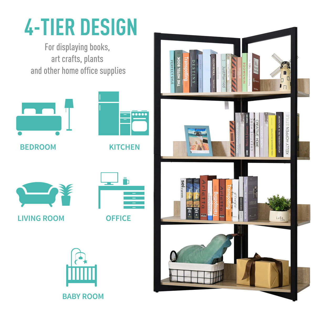 4-Tier Triangle Storage Shelf Bookshelf Display Unit Cabinet Steel Fra ...