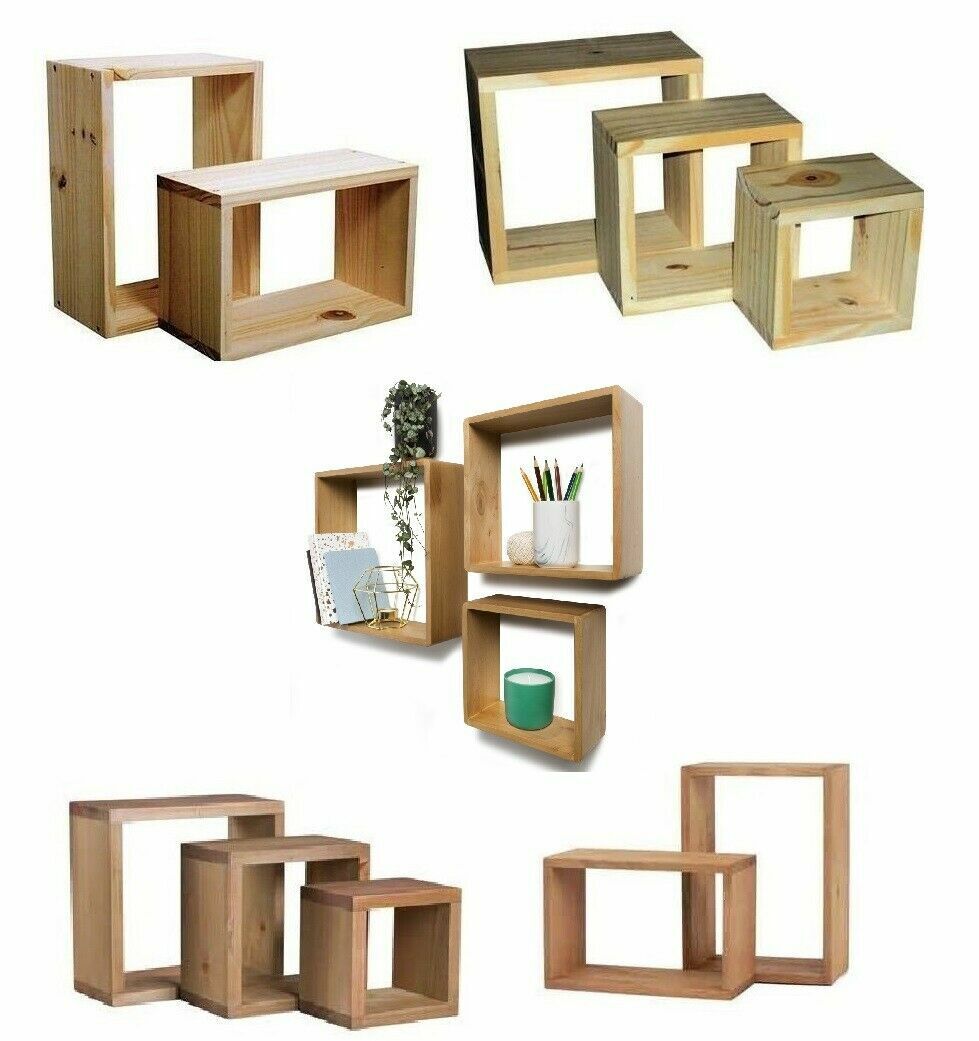 WOODEN WALL FLOATING CUBE BOX SHELF SHELVES UNIT DISPLAY WALLS STORAGE ...