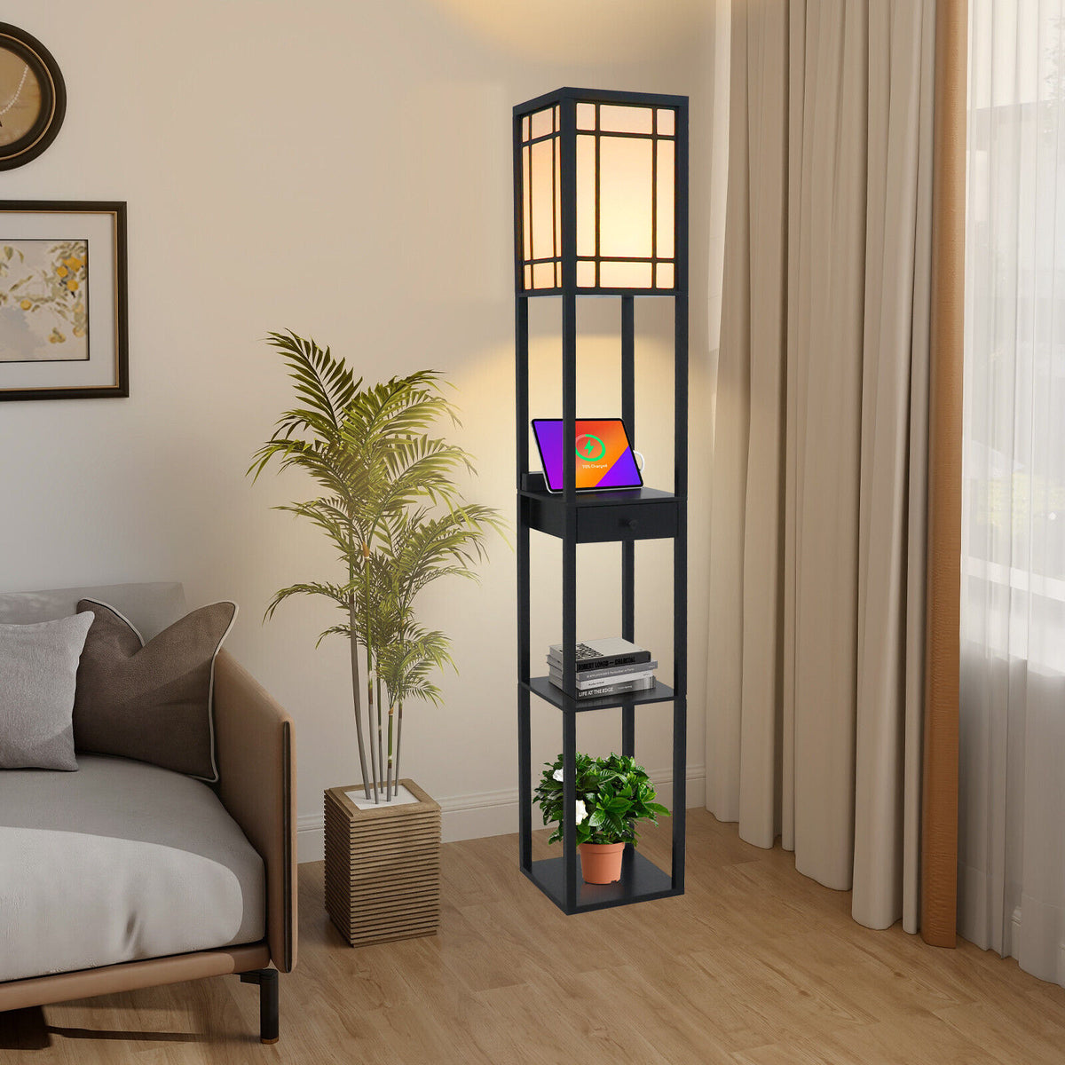Wooden Floor Lamp 3-Tier Storage Freestanding Lignting with Drawer USB ...