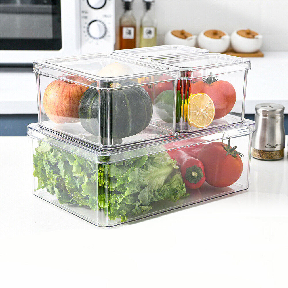 5PCS/PACK Fridge Storage Box with Lid Handle Clear Food Container Plas ...