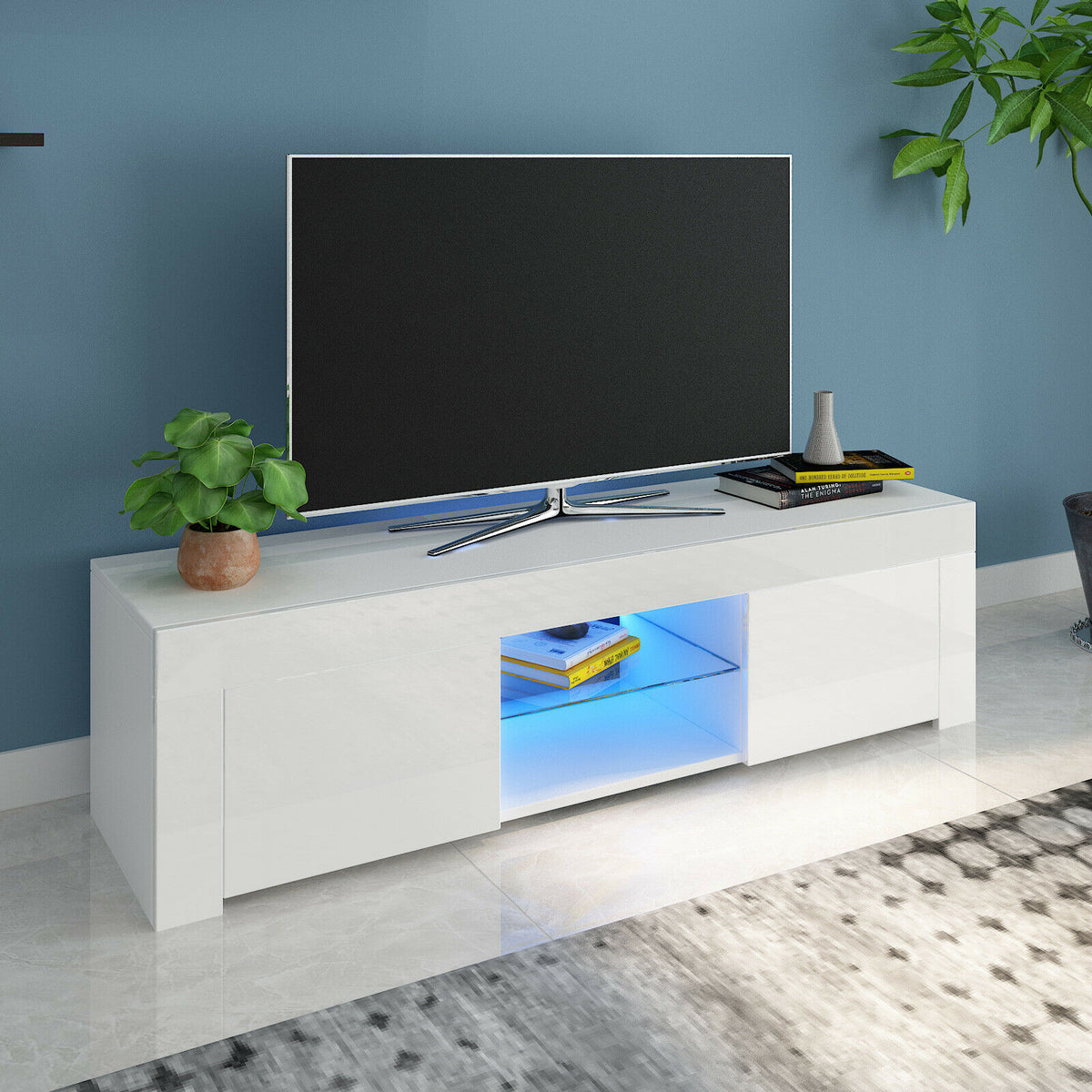 Modern LED Light TV Stand Table With Shelves High Gloss Living Room Fu ...