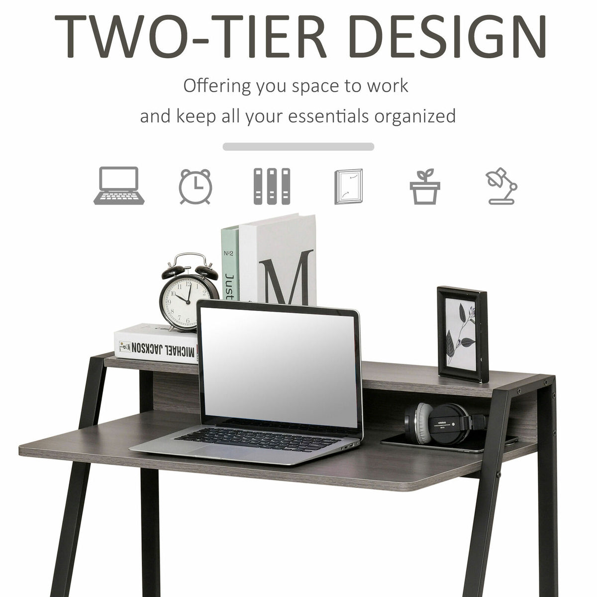 2-Tier Workstation Computer Laptop Desk Table with Storage Shelf Black ...