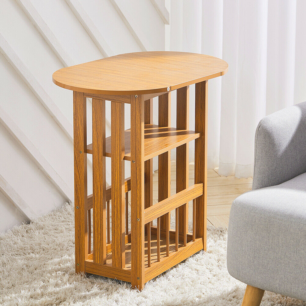 Wooden Sofa Side Coffee Table w/ Storage Shelf Rack Foldable Tabletop ...