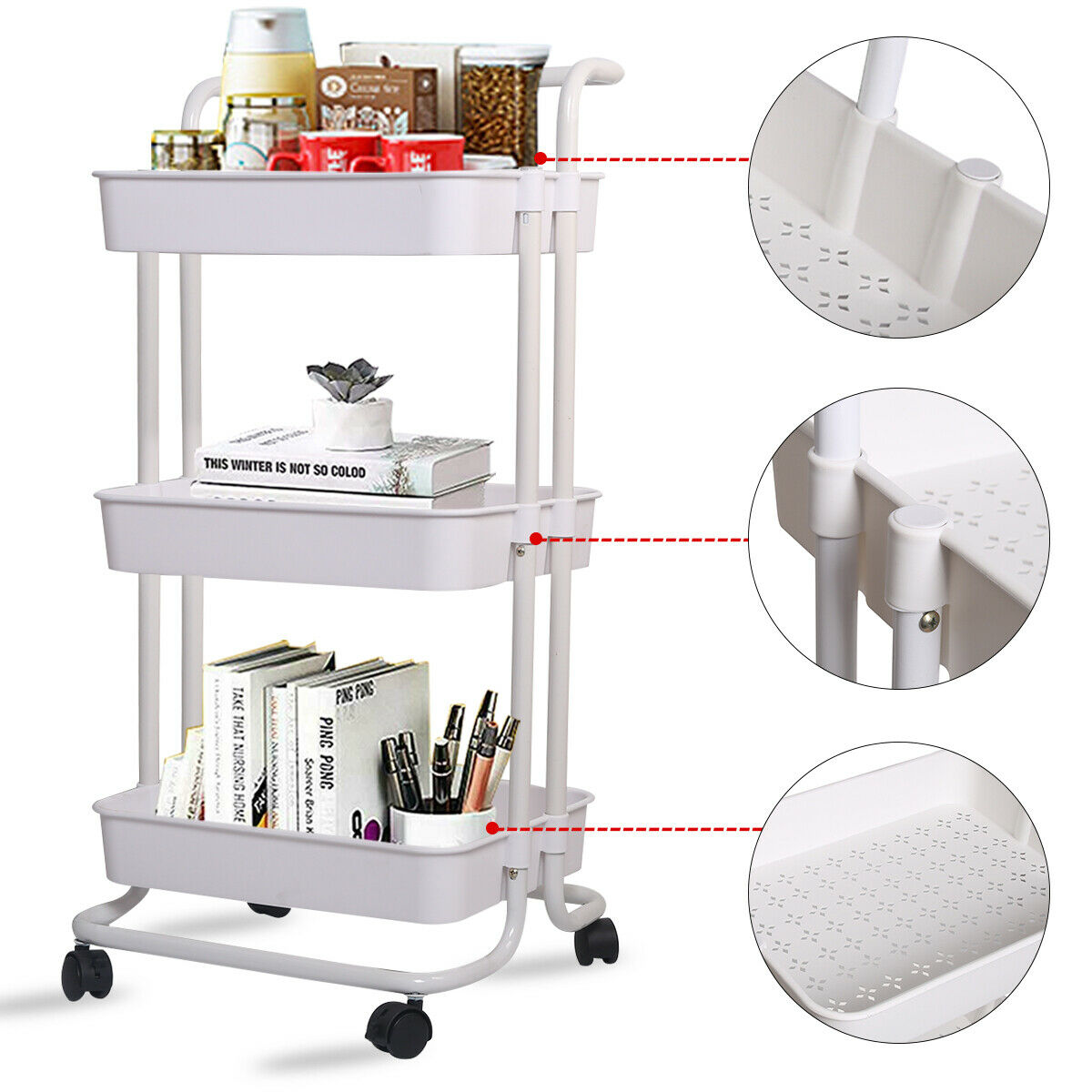 3 Tier Kitchen Trolley Cart on Wheels Slim Rolling Storage Tray Rack w ...