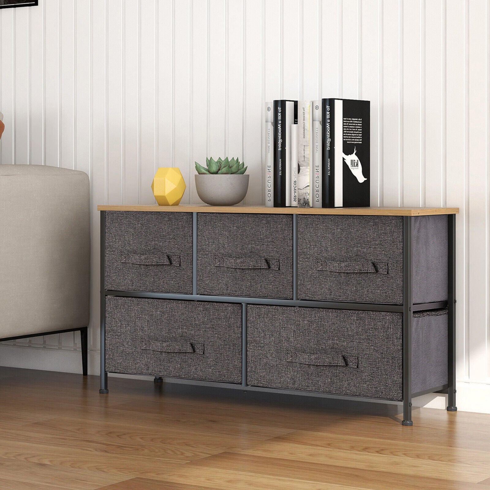 Fabric Chest of 5 Drawers Cabinet Storage Unit Bedside Table Organiser ...