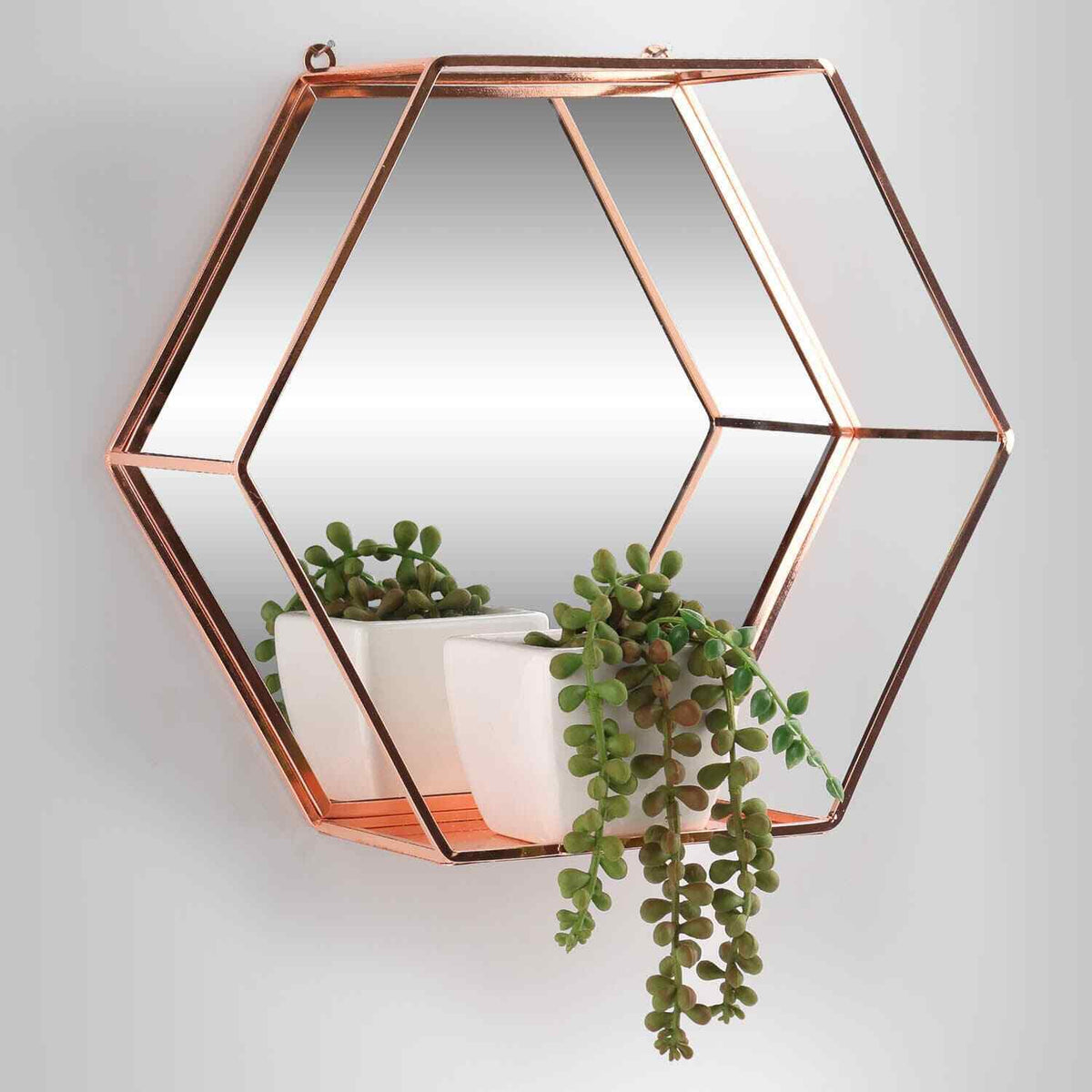 Rose Gold Hexagon Mirror Shelf Metal Wire Wall Shelf Home Decor Storag ...