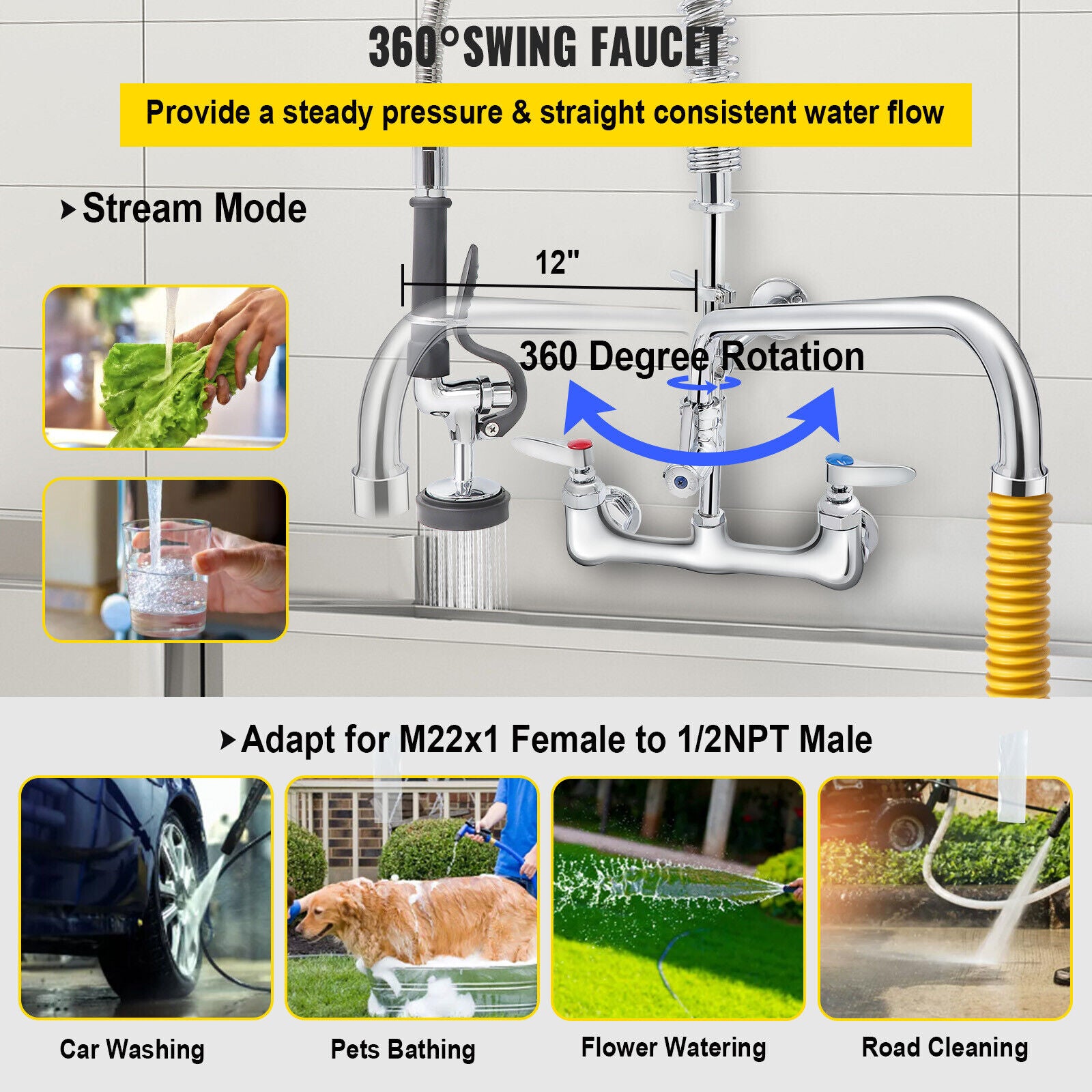VEVOR Commercial Kitchen Pre-rinse Faucet Tap Spray Arm Sink Pedestal ...