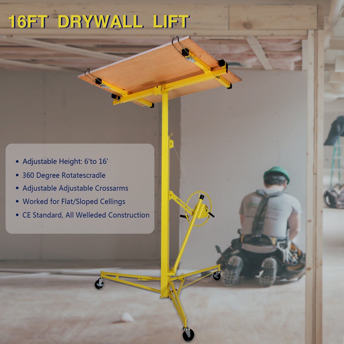16FT Heavy Duty Tool Drywall Hoist Caster Lift/Lifter Plaster Board Pa ...