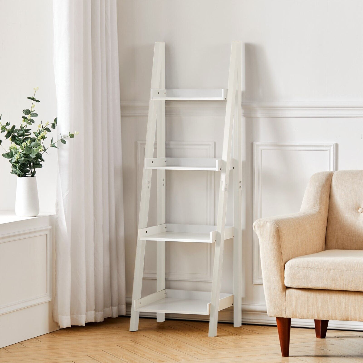 4 Tier Ladder Shelving Rack Unit Storage Shelves Bookcase Frame Stand ...