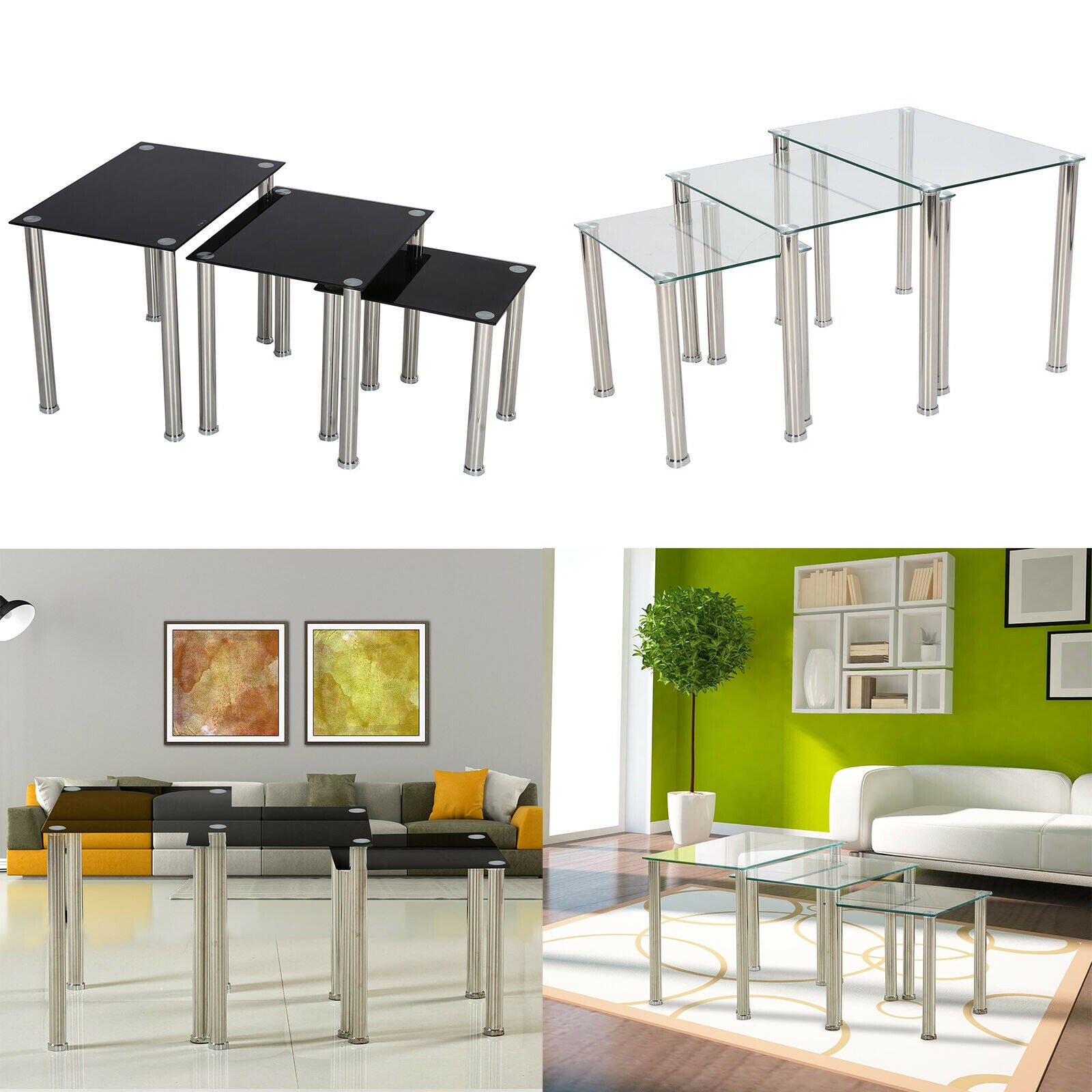 Nest of 3 Coffee Tables Black Glass glass nest tables Side End Tables Quildinc