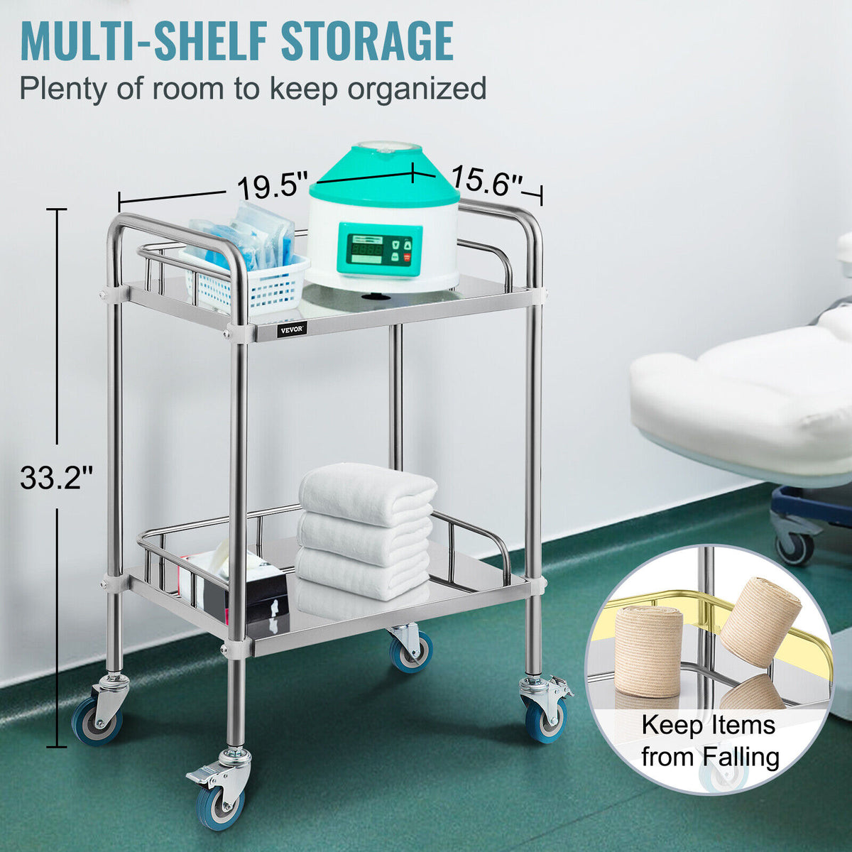 2-Tier Lab Rolling Cart Medical Trolley Stainless Steel Cart w/ Fence ...