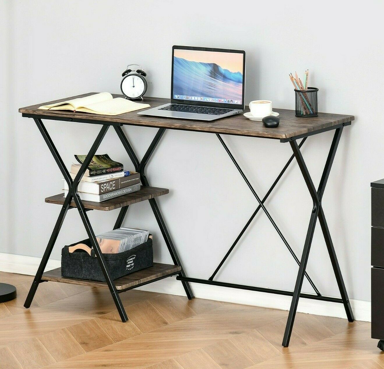 Vintage Industrial Desk Shelves Computer PC Laptop Workstation Writing ...