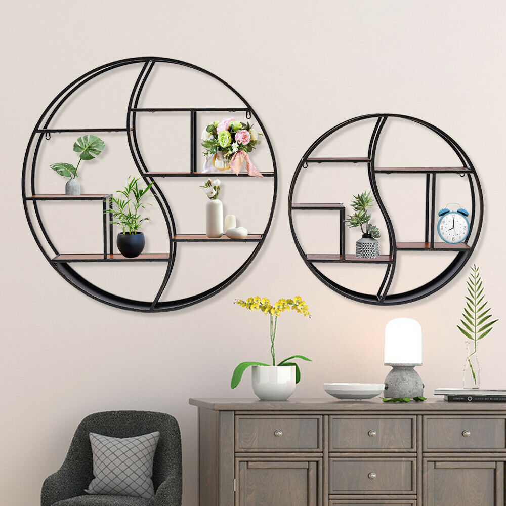 Large Round Wall Unit Industrial Retro Metal Wood Shelf Storage Hangin ...
