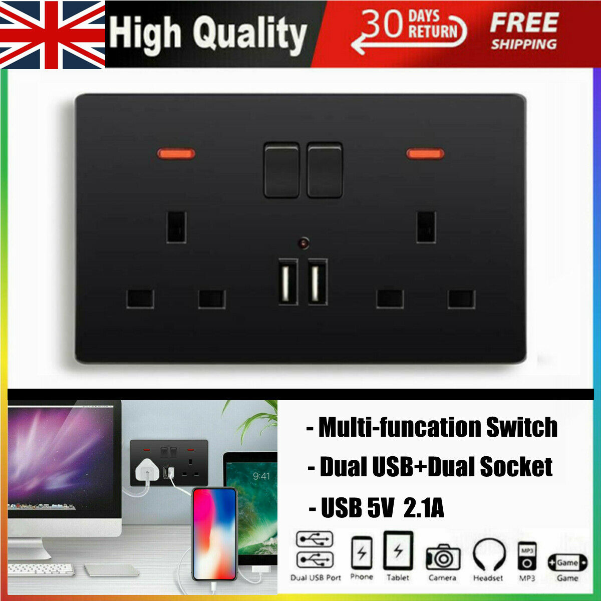 Double Wall Plug Socket 2 Gang 13A w/ 2 USB Charger Port Outlets Black ...