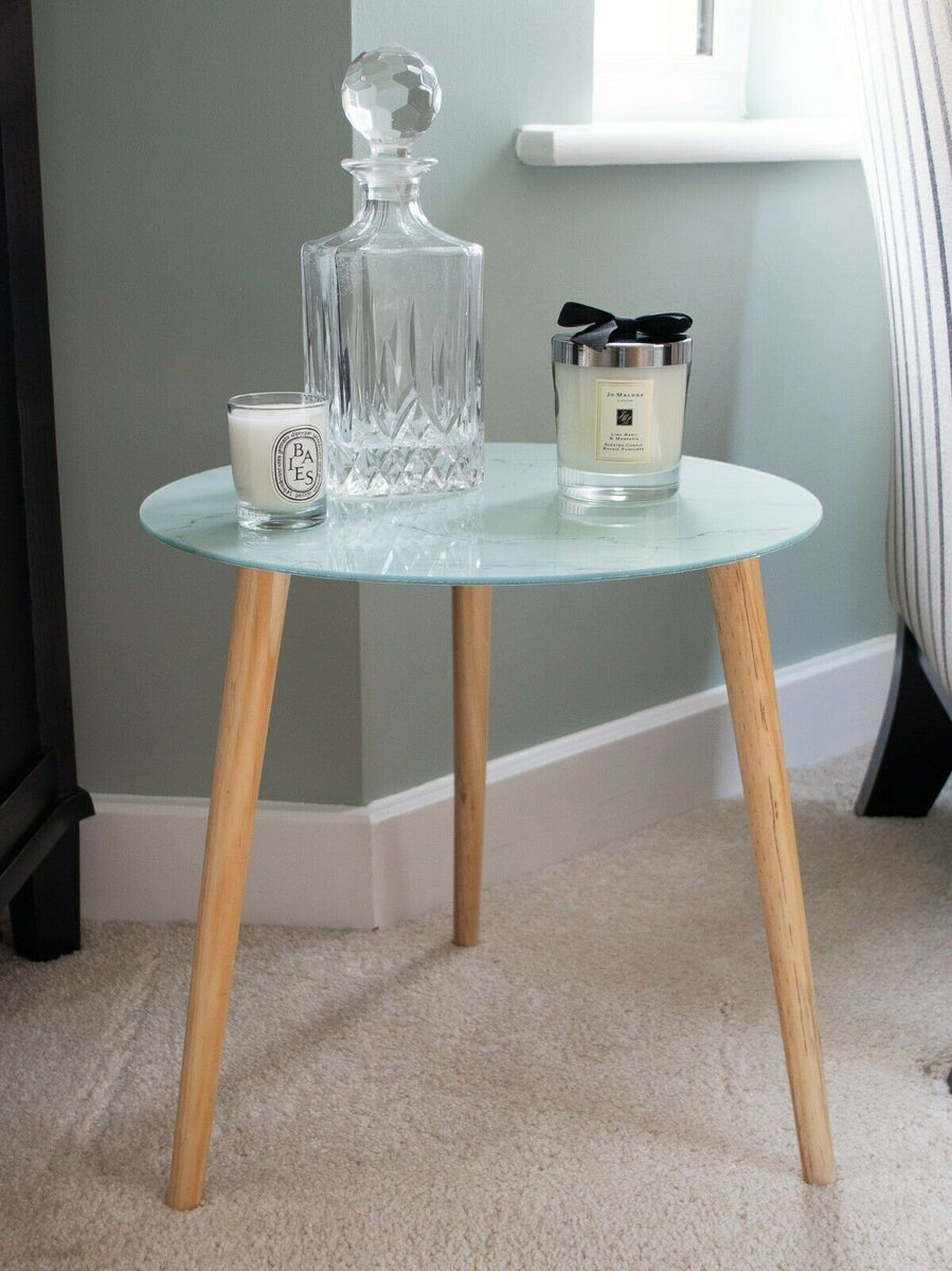 GiftDecor Marble Effect Glass Top 40cm Round Side Table with Wooden Le ...