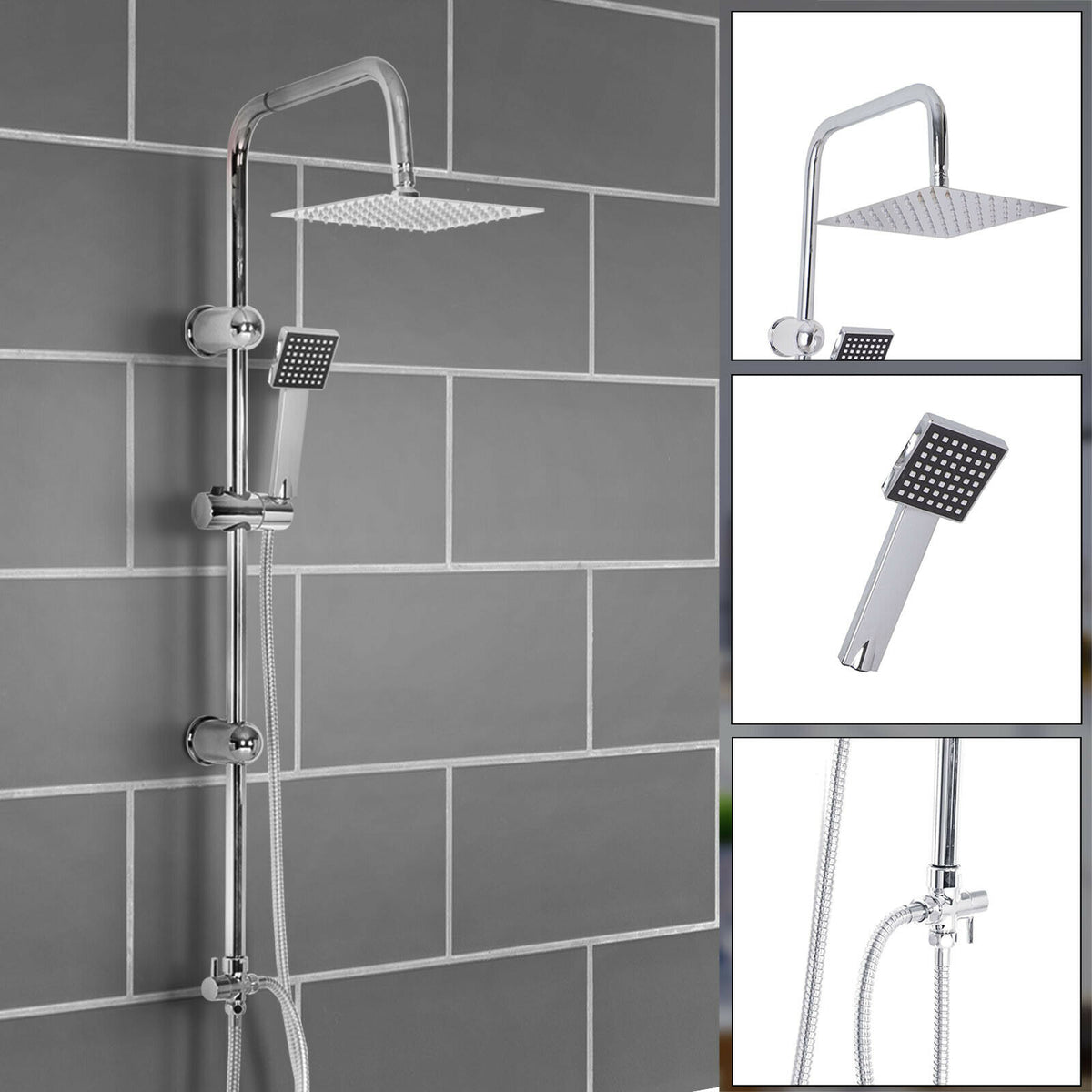Shower Kit Twin Head Waterfall Chrome Adjust Riser Rail with Chrome Sq ...