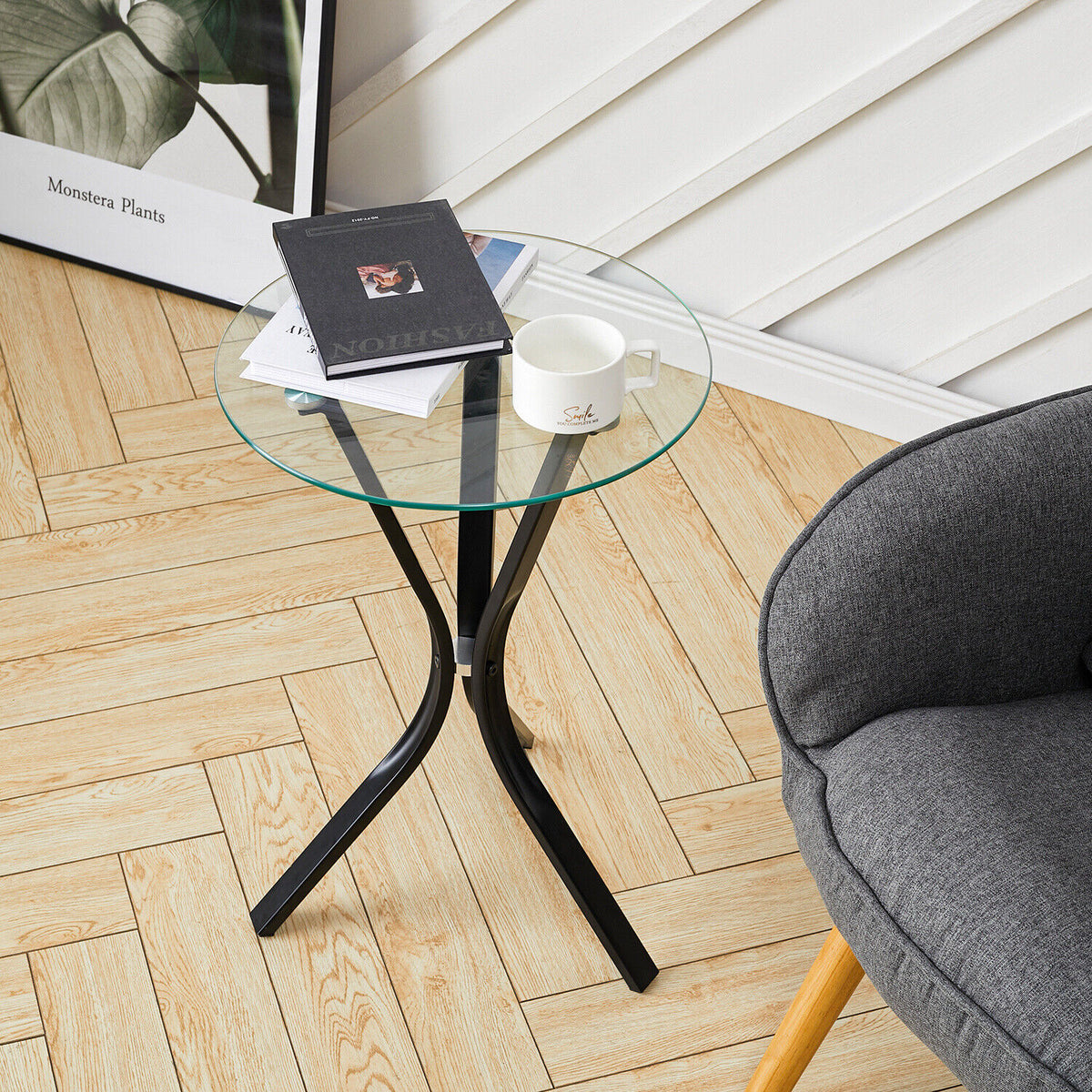 Round Glass Top Side Table Corner Coffee Table Lamp Stand Modern Home ...