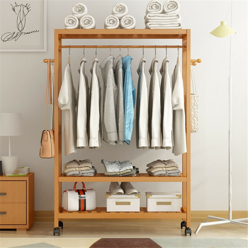 Strong Wooden Clothes Rail Scarf Cart Hanging Garment Coat Rack Rollin ...