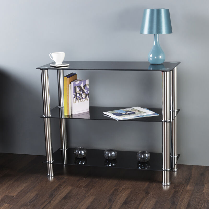 Black Glass 3 Tier Shelving Unit Shelf Storage Display Cabinet Metal C ...