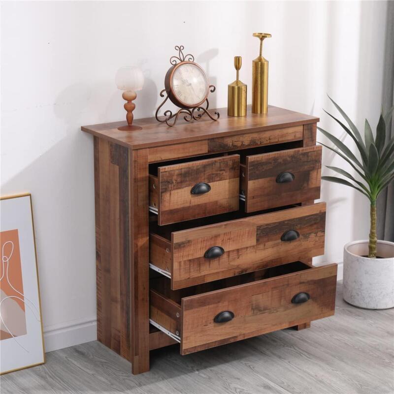 Rustic Brown Chest Of 4 Drawers Wooden Storage Unit Black Metal Handle ...