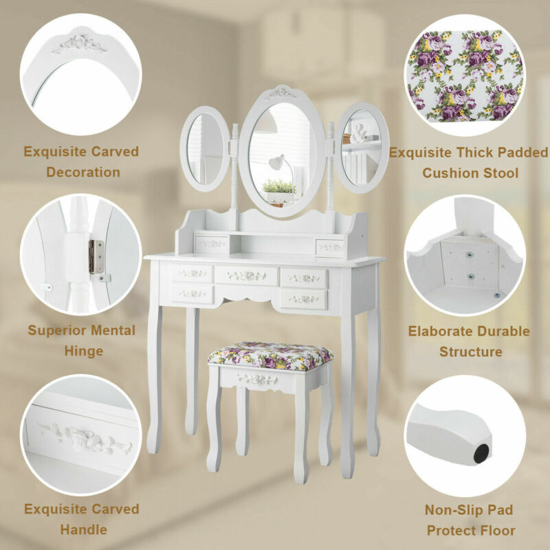 Folding Vanity Dressing Table 7 Drawers Makeup Table and Cushioned Sto ...