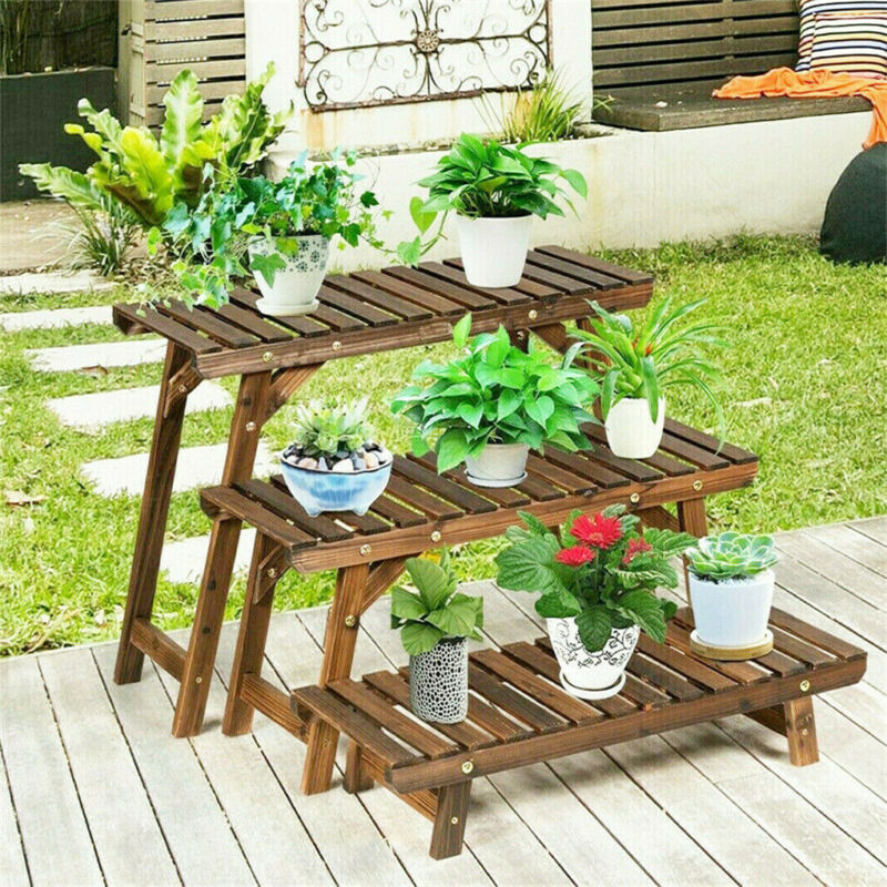 3-Tier Ladder Wood Plant Stand Step Flower Pot Shelf Large Bench Potte ...