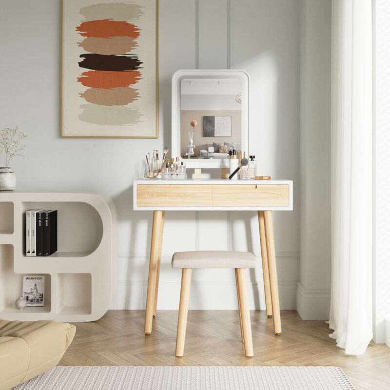 Dressing Table Set with 3-Mode LED Light Mirror Stool Vanity Wood Make ...