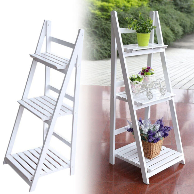 Folding Ladder Shelf Bookshelf Wooden Plants Display Stand Storage Rac ...