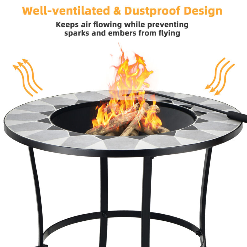 Outdoor Fire Pit Dining Table Round Wood Burning Fire Bowl with Mesh S ...