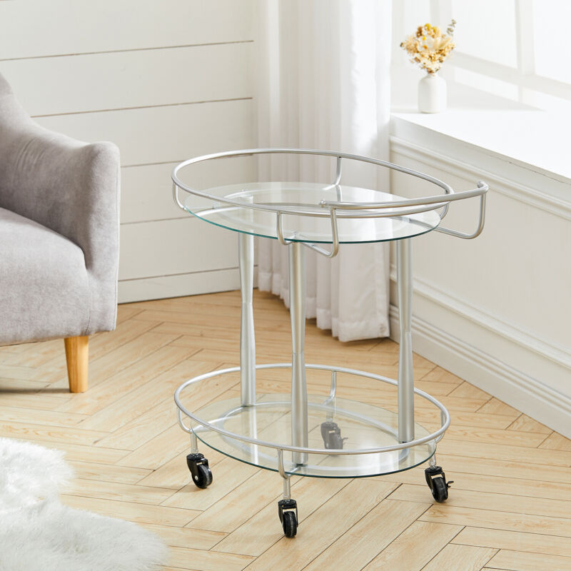 Silver Drinks Trolley 2 Tier Glass Rack Display Storage Kitchen Bar Se ...