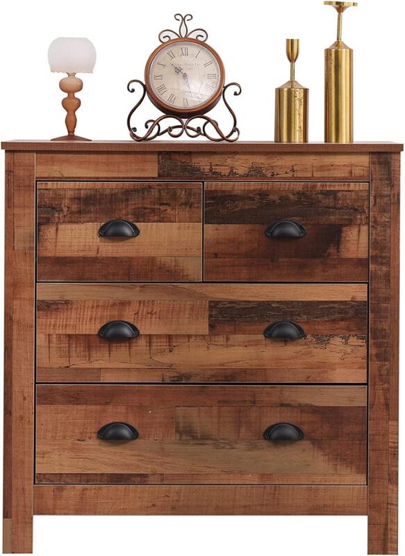 Rustic Brown Chest Of 4 Drawers Wooden Storage Unit Black Metal Handle ...