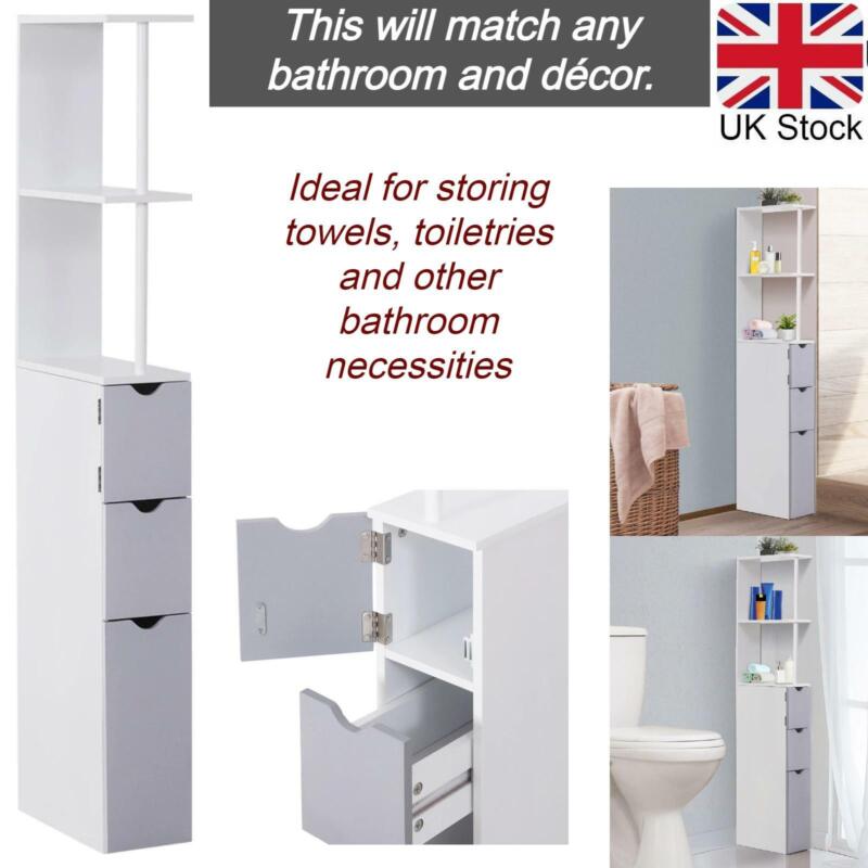 Slim White Bathroom Storage Cabinet Tall Narrow Wooden Compact Drawers ...