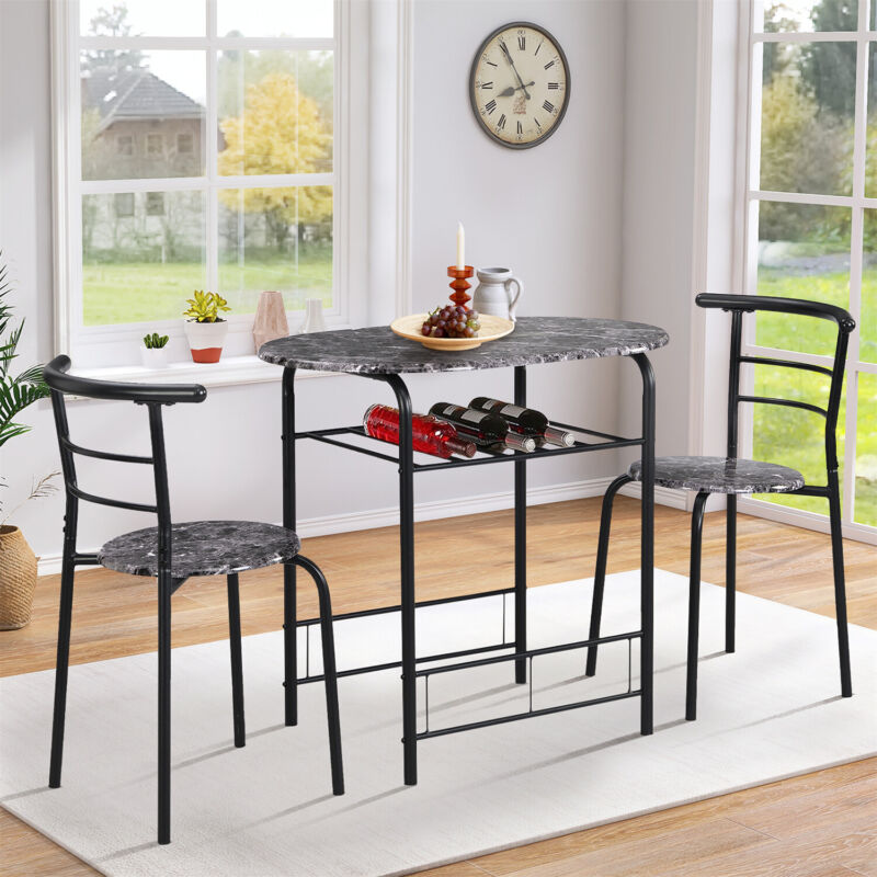 3pcs Breakfast Dining Table & Chairs Set Kitchen Furniture Set w/ Shel ...