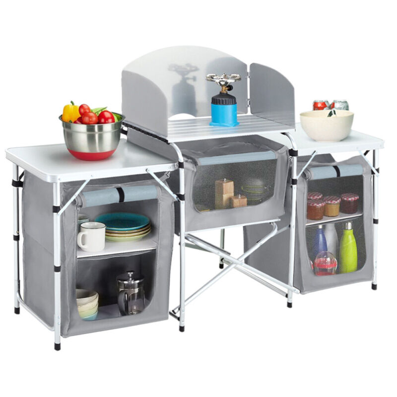 Outdoor BBQ Camping Kitchen Table W/ Windshield Storage Cooking Stove ...