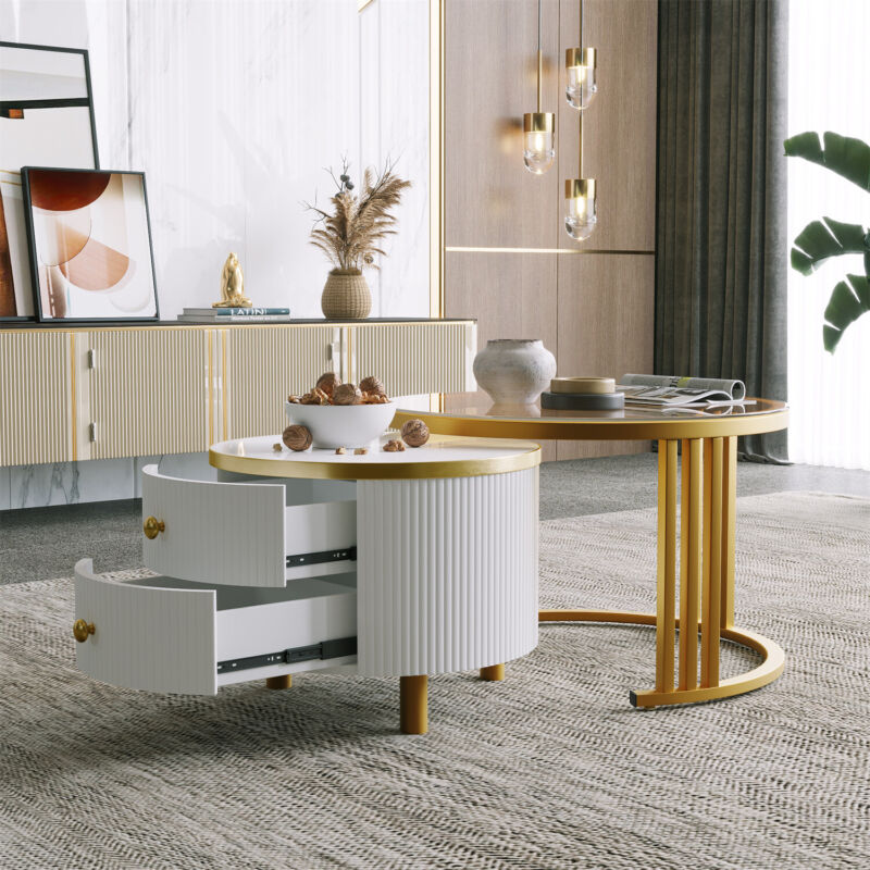 Nesting Coffee Tables Set of 2 Round Stacking Side Tables with Storage ...