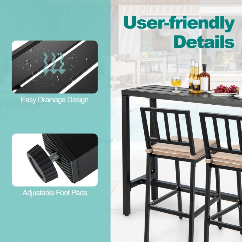 140cm Bar Table Metal Frame Long Counter Height Dining Table w/Waterpr ...
